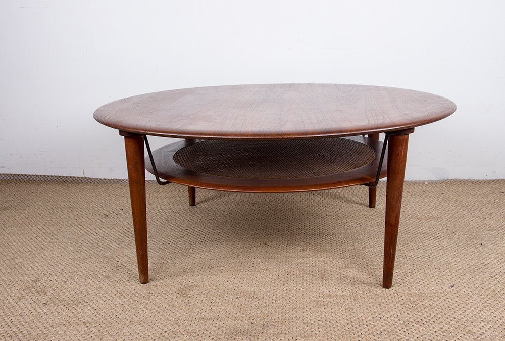 Danish Round Coffee Table, Two Levels, Teak, Brass And Caning, Model Fd ...