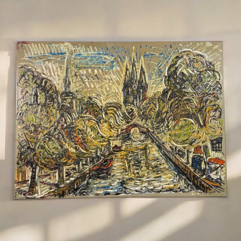 Pintura de 1961 de la Oude Kerk vista desde el canal Oude Delft, al ...
