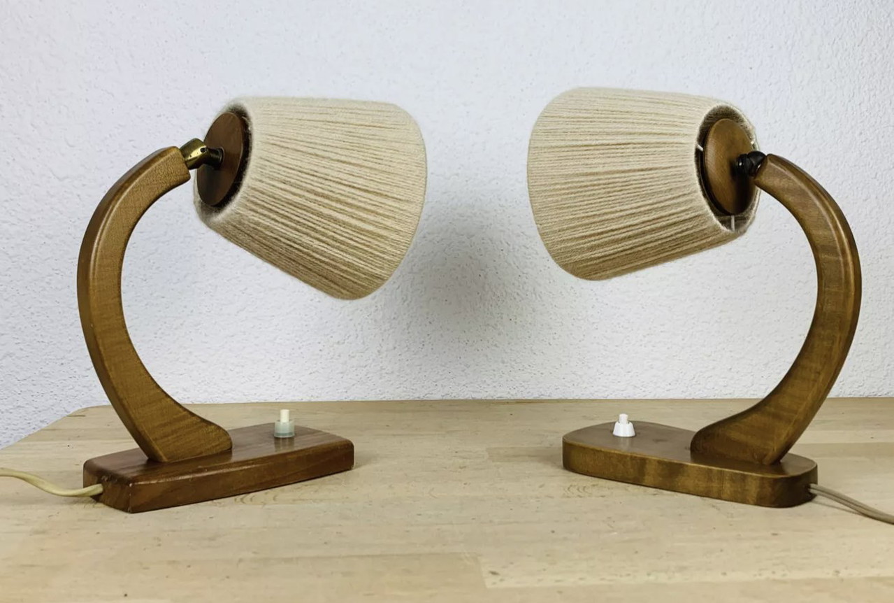 Pair Of Art Deco Curved Wood And Vintage Wool Lamps | €240 | Whoppah