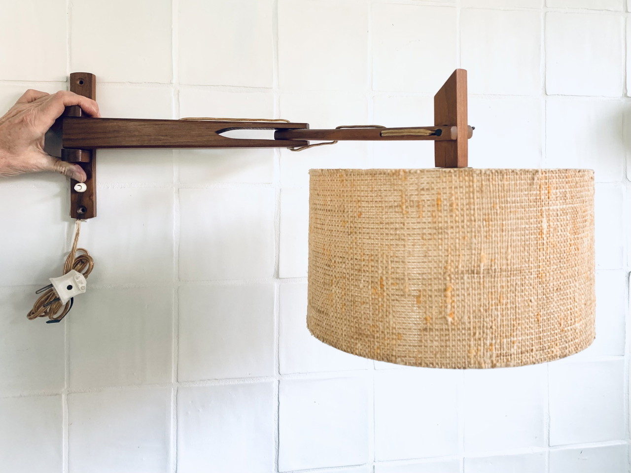 Mid century Danish lamp with wooden hinge arm | €115 | Whoppah
