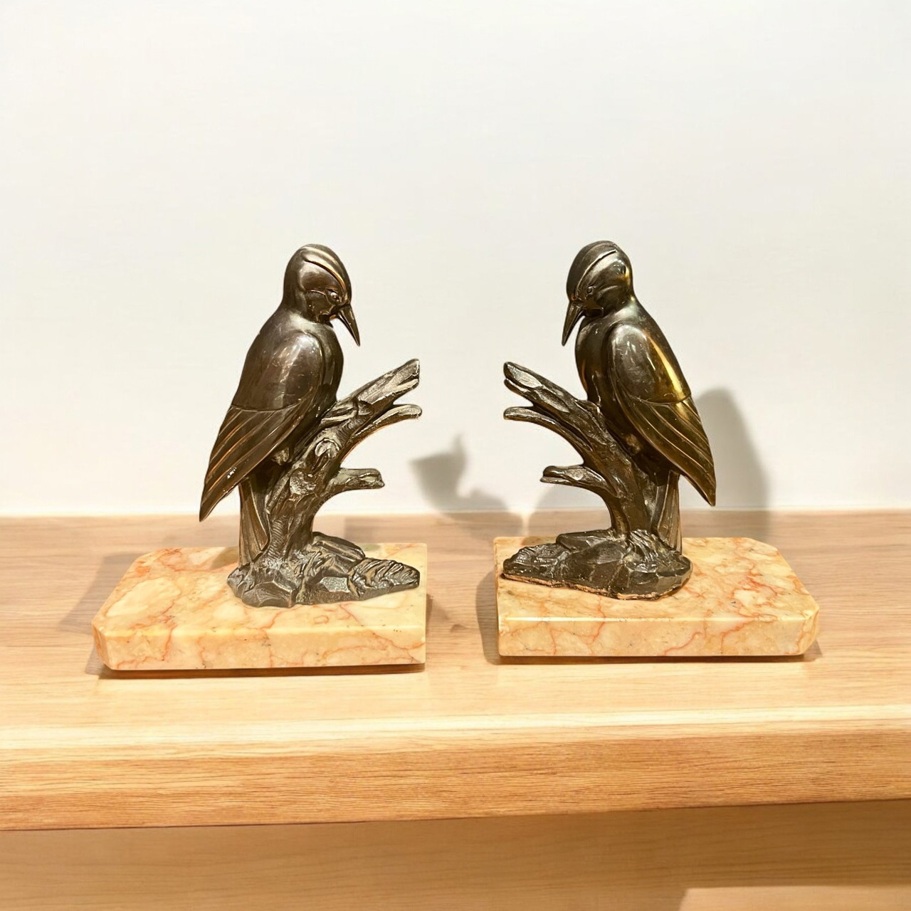 Vintage bookends Two woodpeckers on branch made of patinated pewter on ...