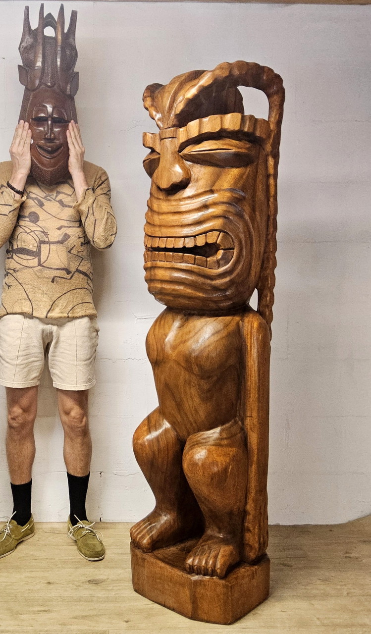 Life-size solid wooden Tiki statue Ku 179cm Hawaiian god / large XXL ...
