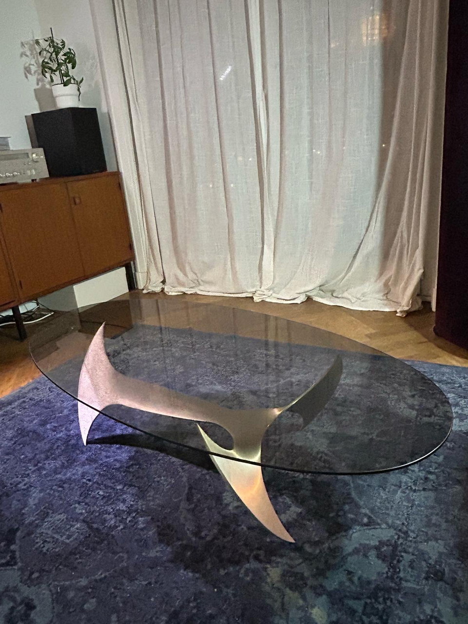 Propeller Oval Coffee Table Smoked Glass Top Aluminum Leg Propeller ...