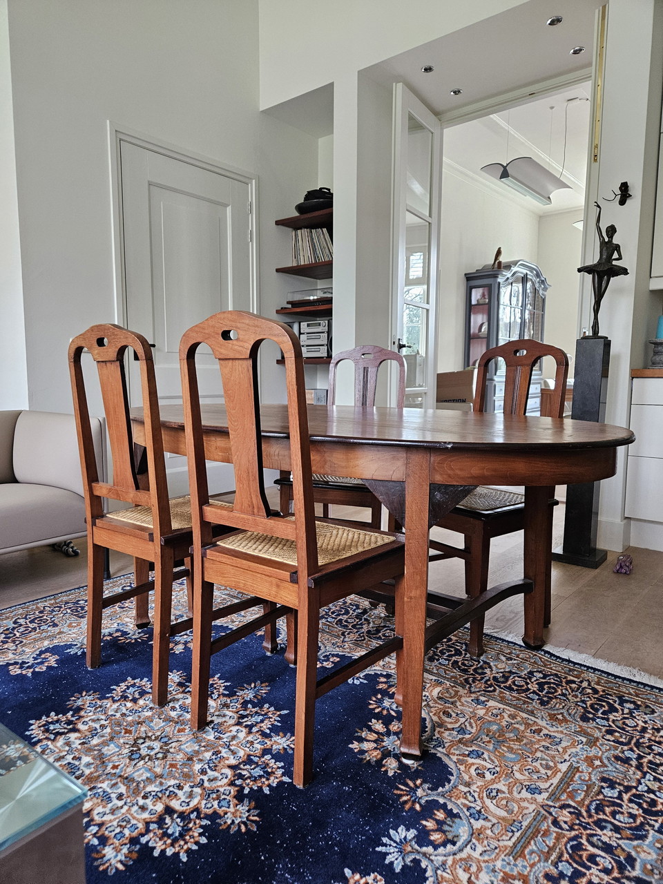 Antique Teak Wood, Original Indian Art Deco Dining Room Set: Compact Oval Table With 4 Chairs ...
