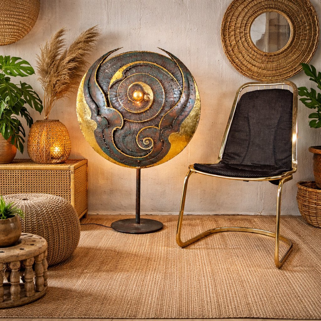 Unique large metal Thai art sculpture floor lamp with gold leaf accents ...