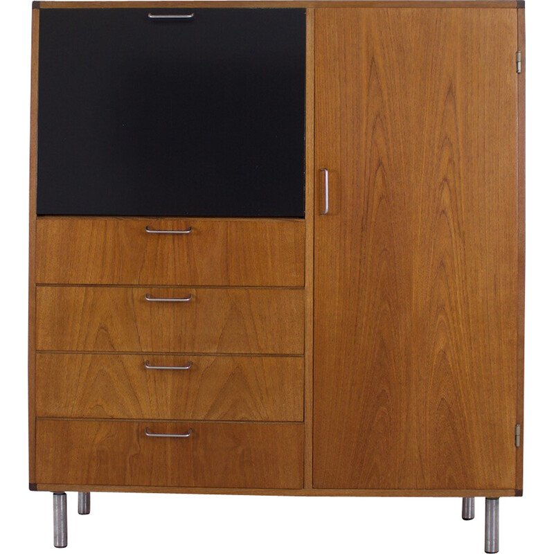 Vintage hoog dressoir in teak en geborsteld staal van Cees Braakman ...
