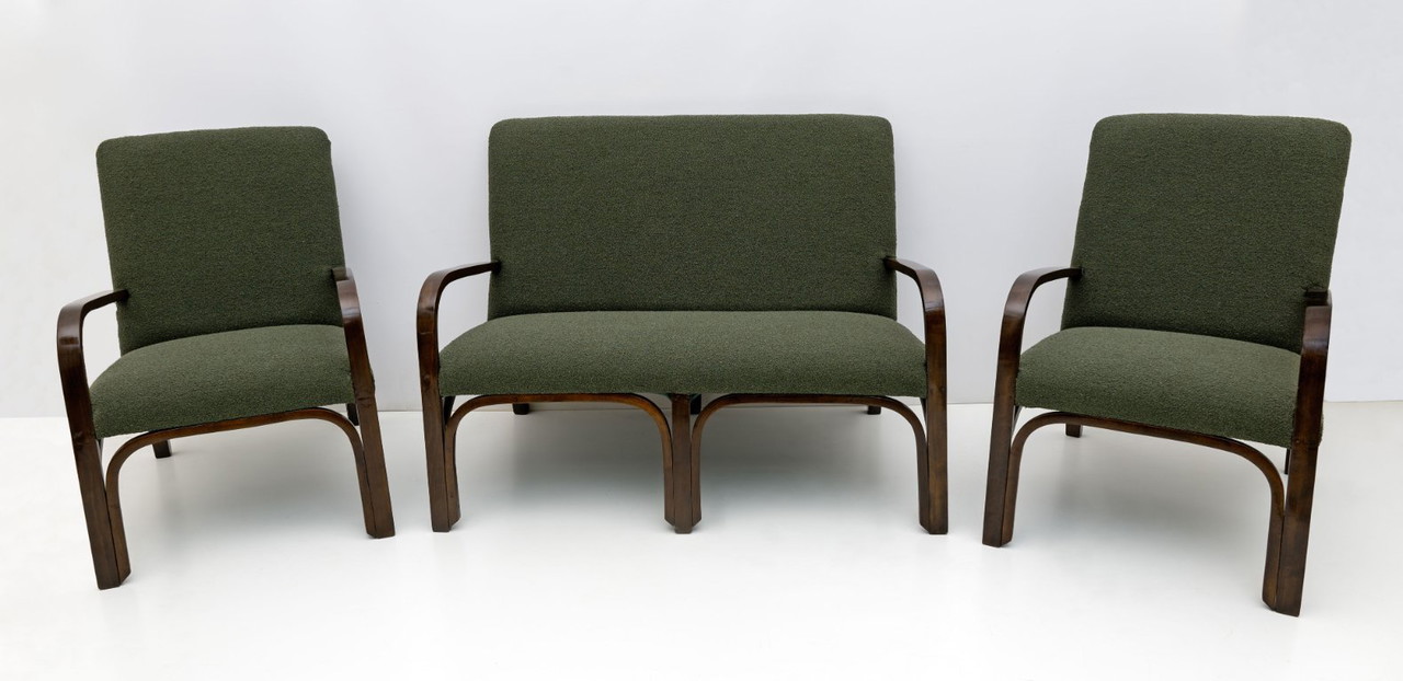 Art Dèco Italiaanse groene bouclé twee fauteuils en kleine bank, jaren ...