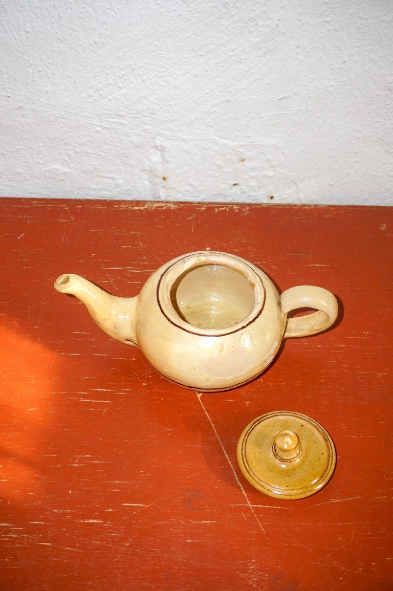 late 19th c rustic italian teapot * apulian earthenware * yellow slip ...
