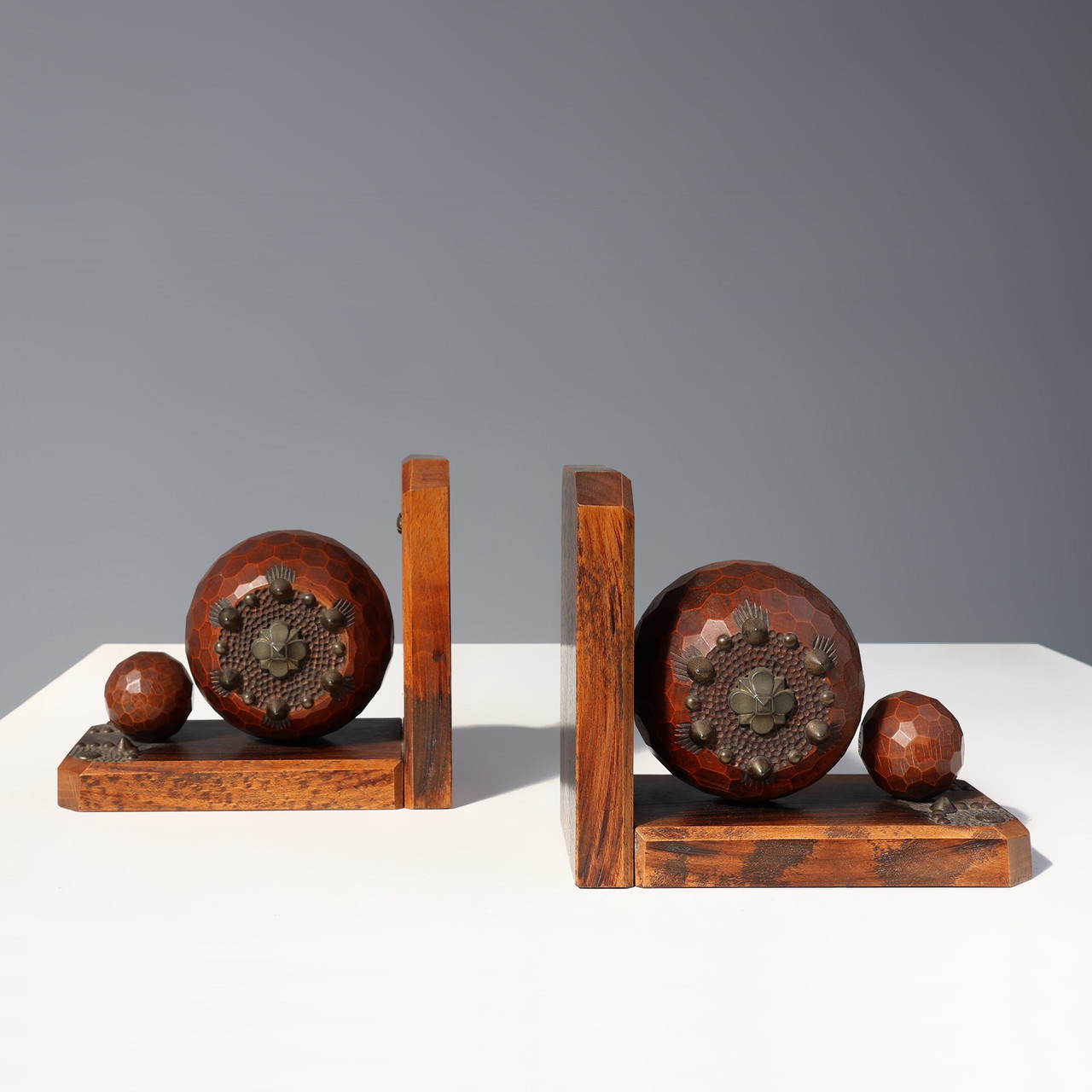 Pair of Art Deco Faceted Ball Bookends in Oak with Metal Decorations ...