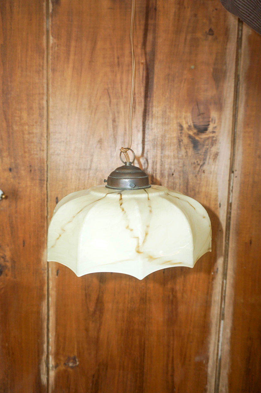 Vintage Art Deco Scalloped Pendant Light * Marbled Cream Glass Tulip ...