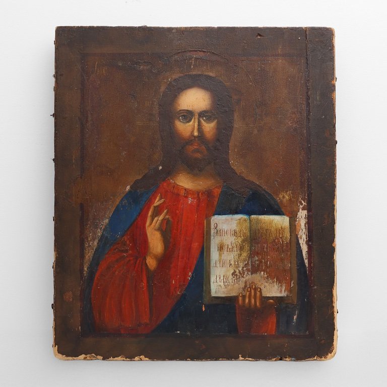 19th-Century Russian Religious Icon of Christ Pantocrator, Hand-Painted ...