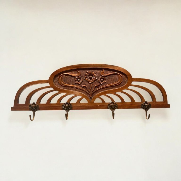 Art Nouveau coat rack with 4 sculpted brass hooks, floral carving and ...