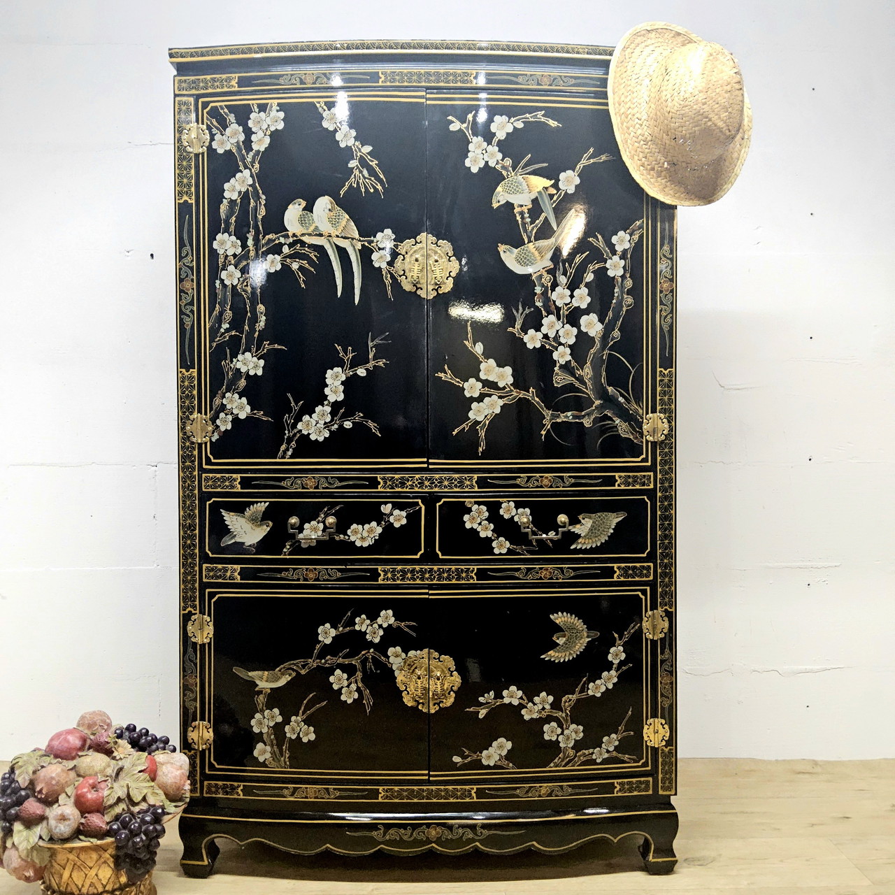 Vintage Chinese Lacquer Cabinet (Birds Flowers) Asian Cabinet ...