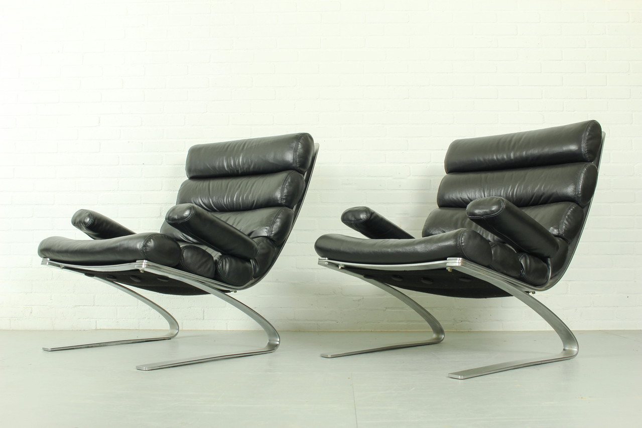 Set van 2 zwart lederen Sinus-loungestoelen, COR Duitsland, jaren 1970 ...