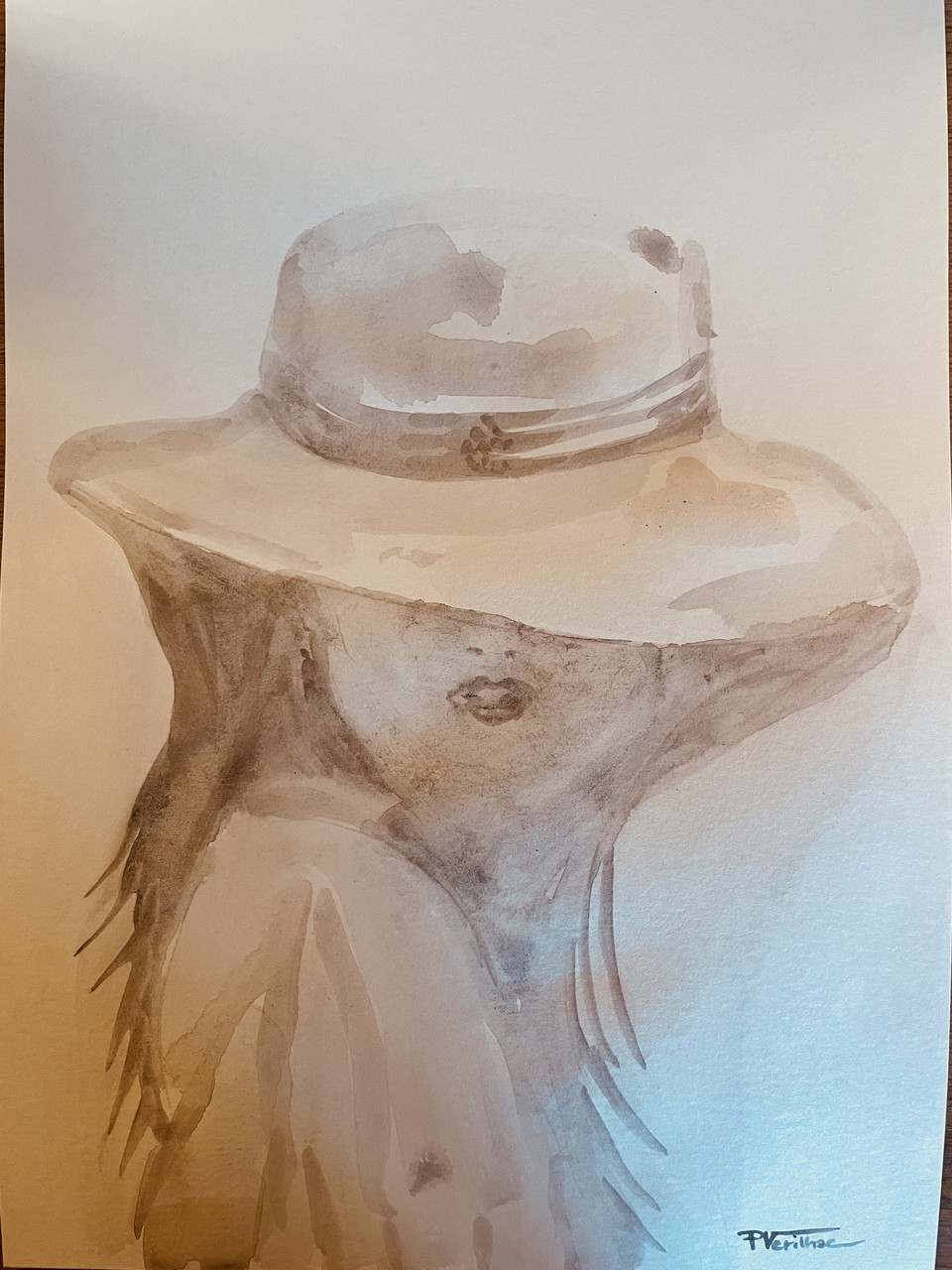 Tableau Signé Aquarelle Monochrome Sépia Portrait Féminin « Summer ...