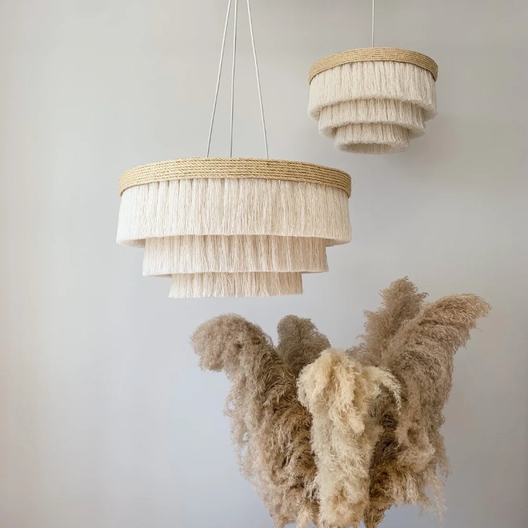 Natural Tiered Fringe Pendant Light, Boho Ceiling Chandelier, Bedroom ...