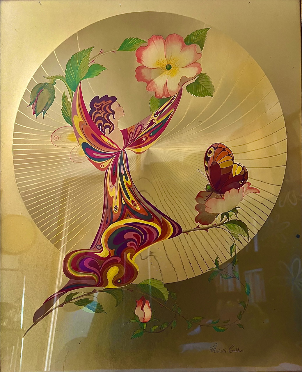 70's Psychedelic Painting, Vintage Nymph, Dominant Golden Color, Signed ...