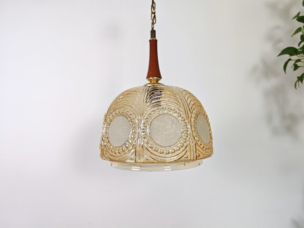 Vintage Amber Glass Pendant Light / 70s Mid Century Hanging Lamp ...