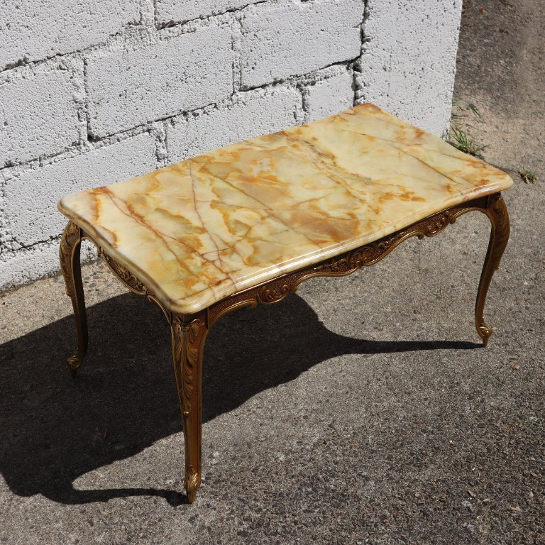 Franse Vintage rechthoekige Onyx Marmer en Messing Salontafel ...