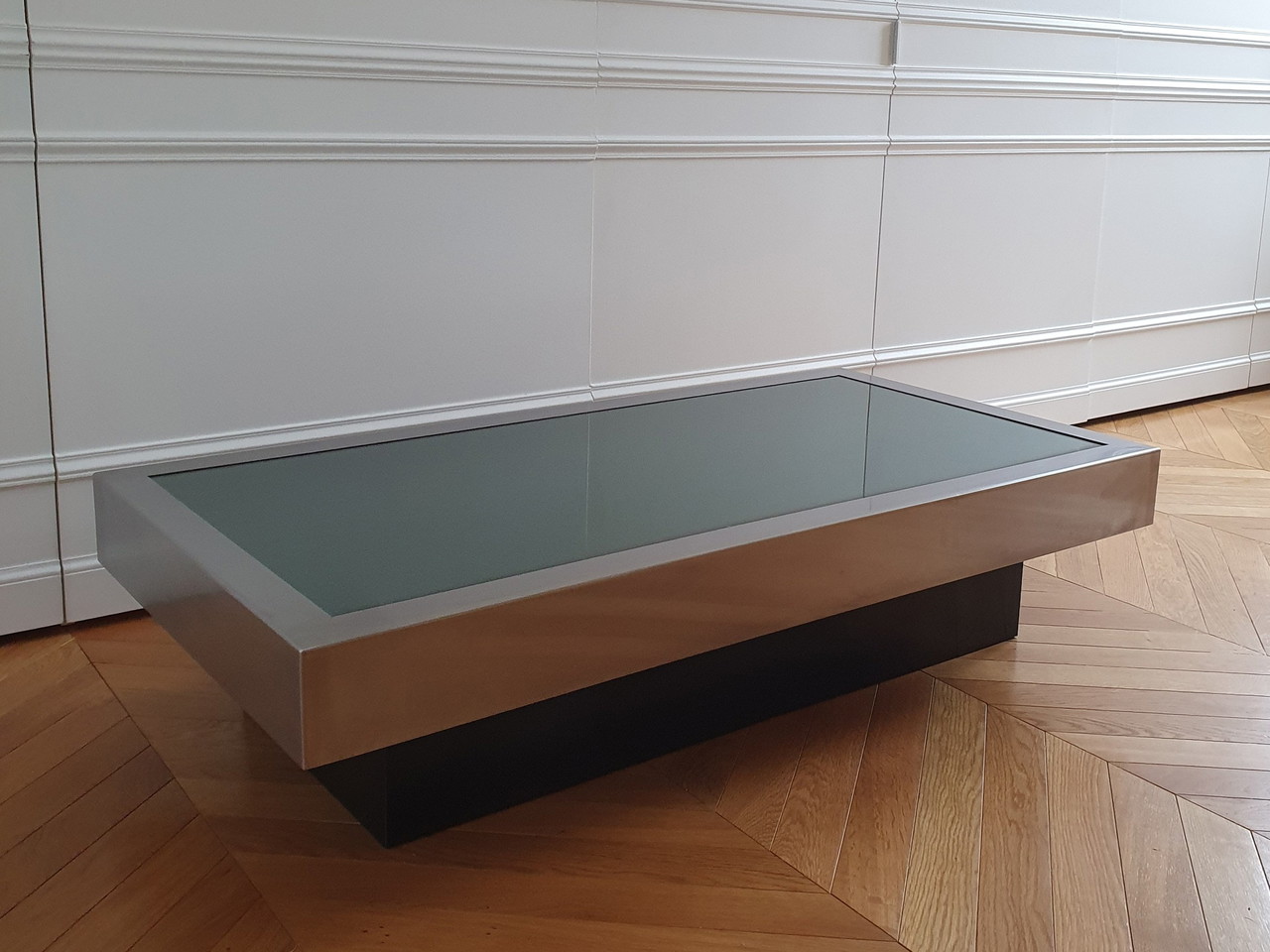 Table Basse Inox Années 70 Verre Miroir Fumé Vert | €499 | Whoppah
