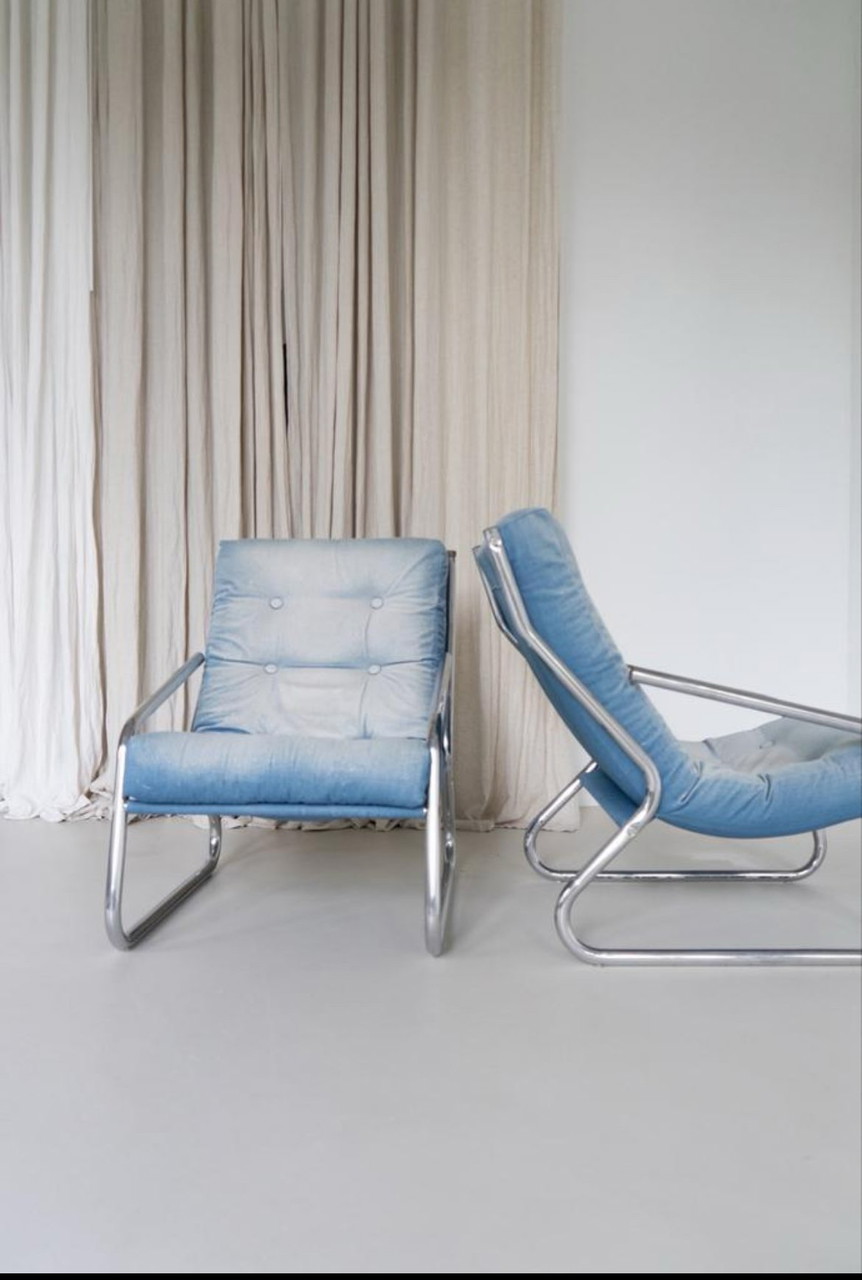 Vintage tube frame chairs reupholstered in jeans fabric | €1,600 | Whoppah