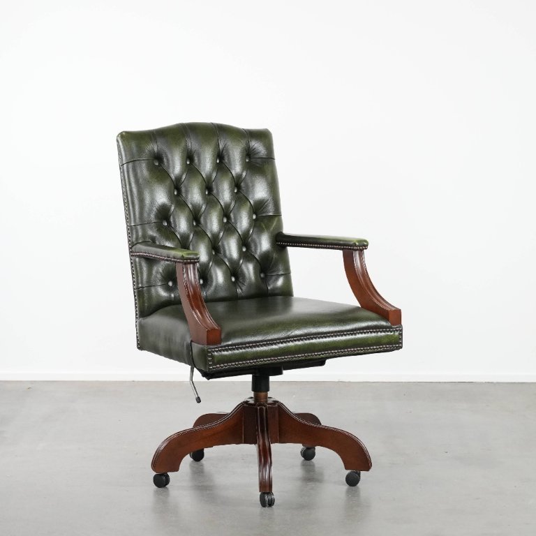 Silla de oficina Chesterfield de piel de vaca verde oscuro y madera de ...