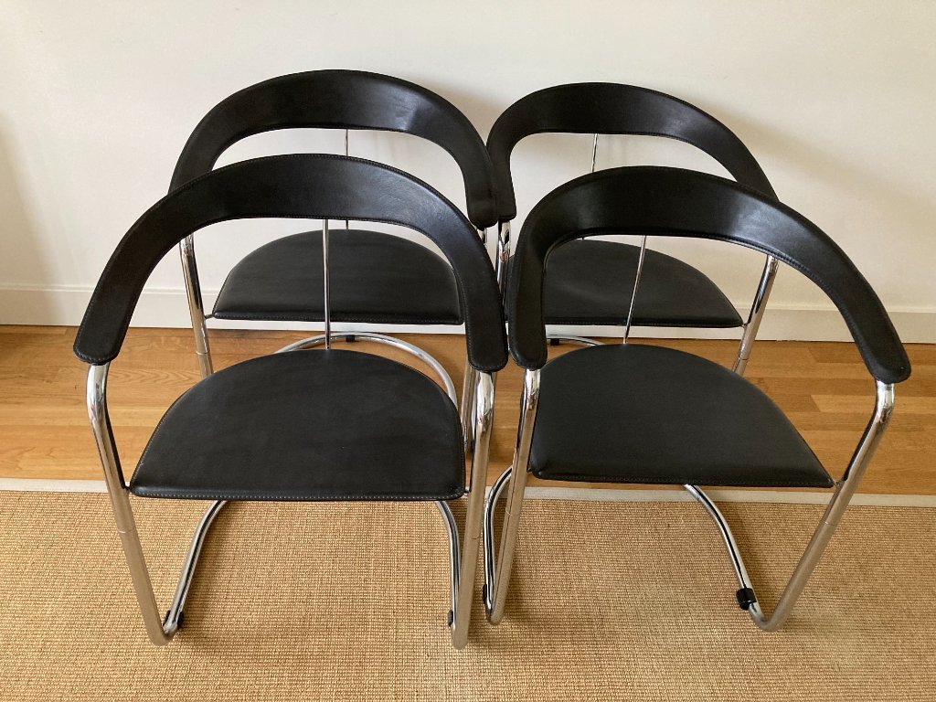 4 Italian Design Saddle Leather Chrome Tube Frame Chairs | €950 | Whoppah