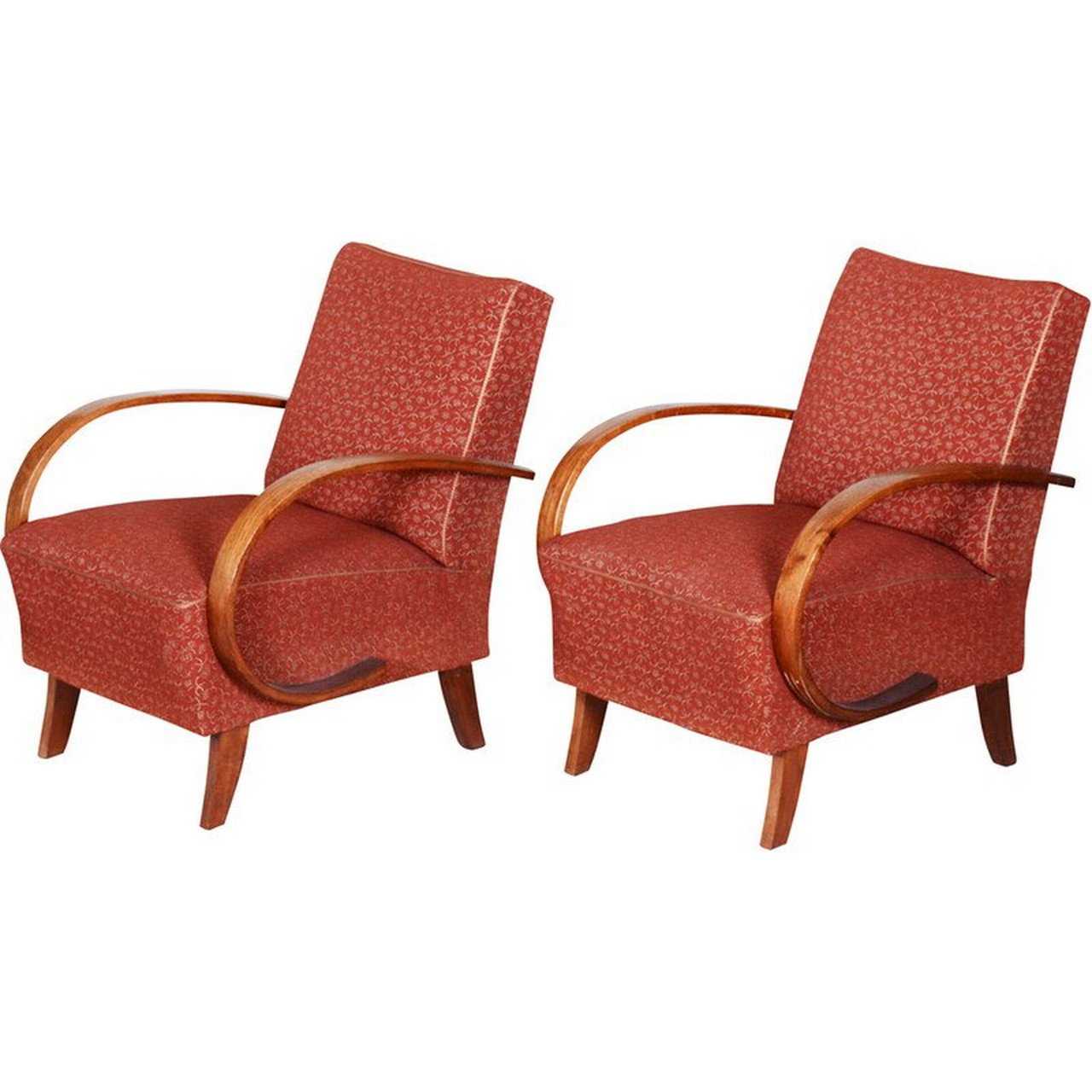 Paar vintage rode Tsjechische Art Deco beukenhouten fauteuils van ...