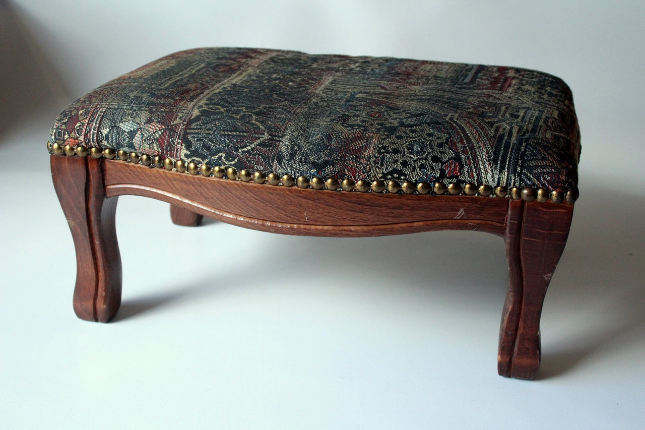 Charming Small Stool Wood With Upholstery And Metal Rivets, Vintage ...