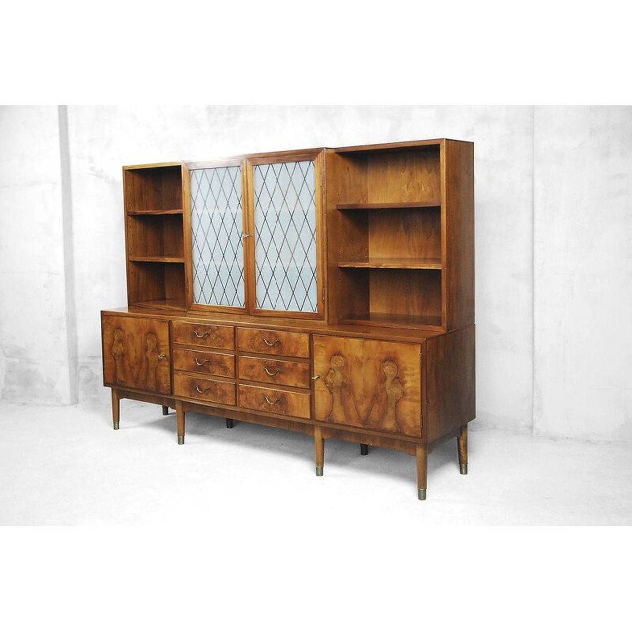 Vintage burr walnut sideboard with glass cabinet Sweden 1940