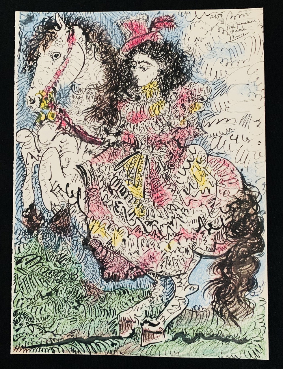 Litografía original a color de Pablo Picasso, Jacqueline a caballo ...