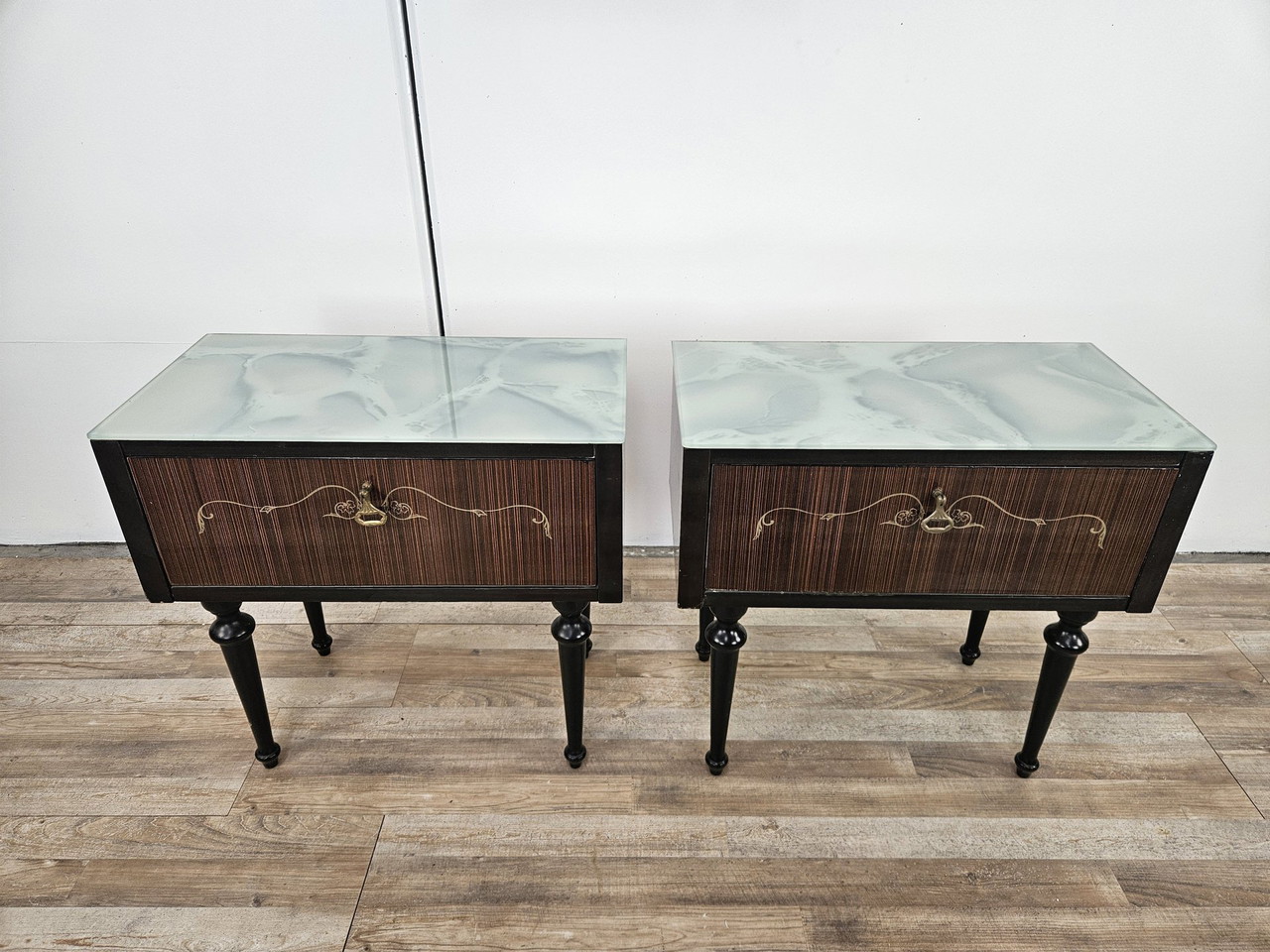 Mid Century Bedside Tables With Flap And Blue Glass | €785 | Whoppah