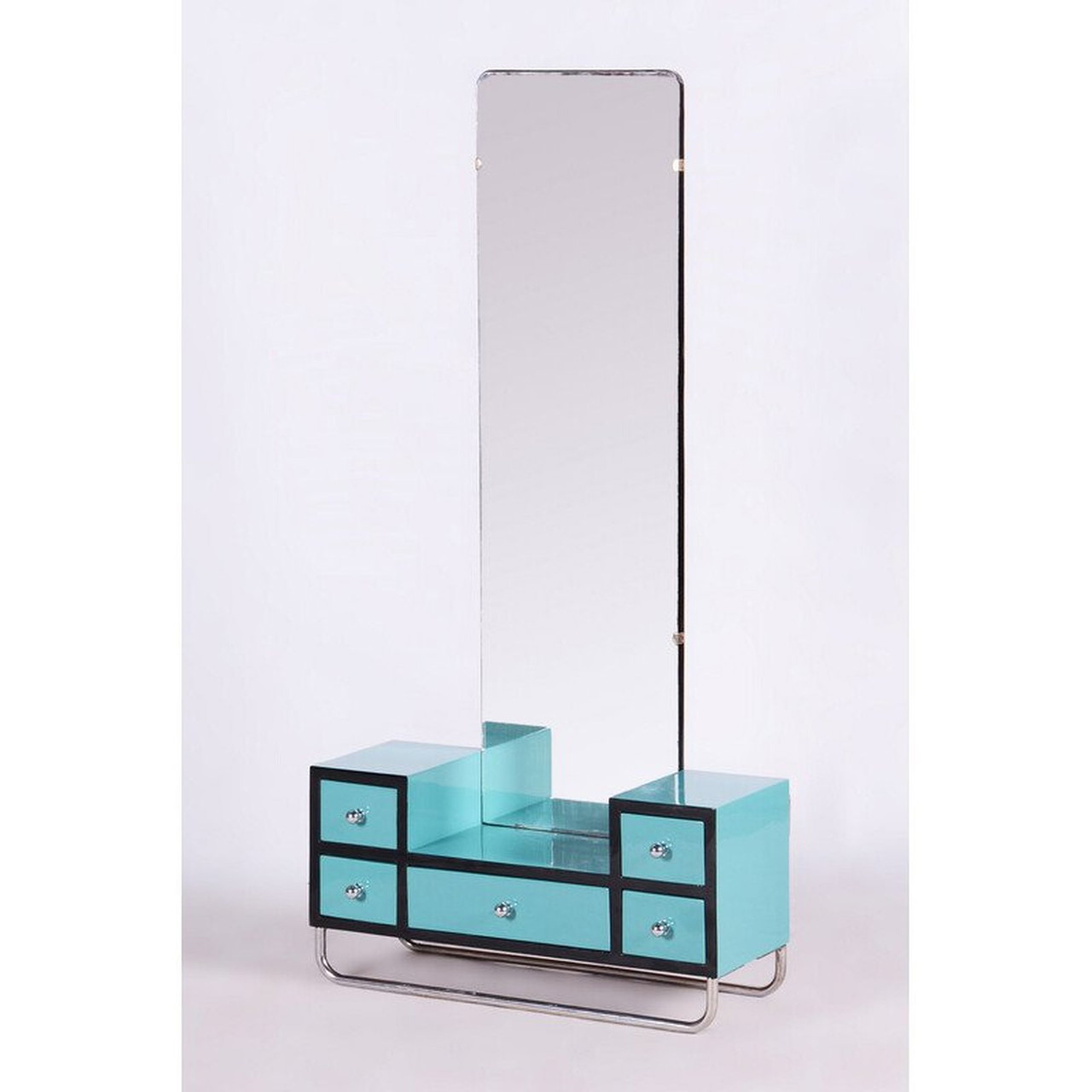 Vintage dressing table in lacquered wood chrome plated steel mirror and glass Czechoslovakia 1930