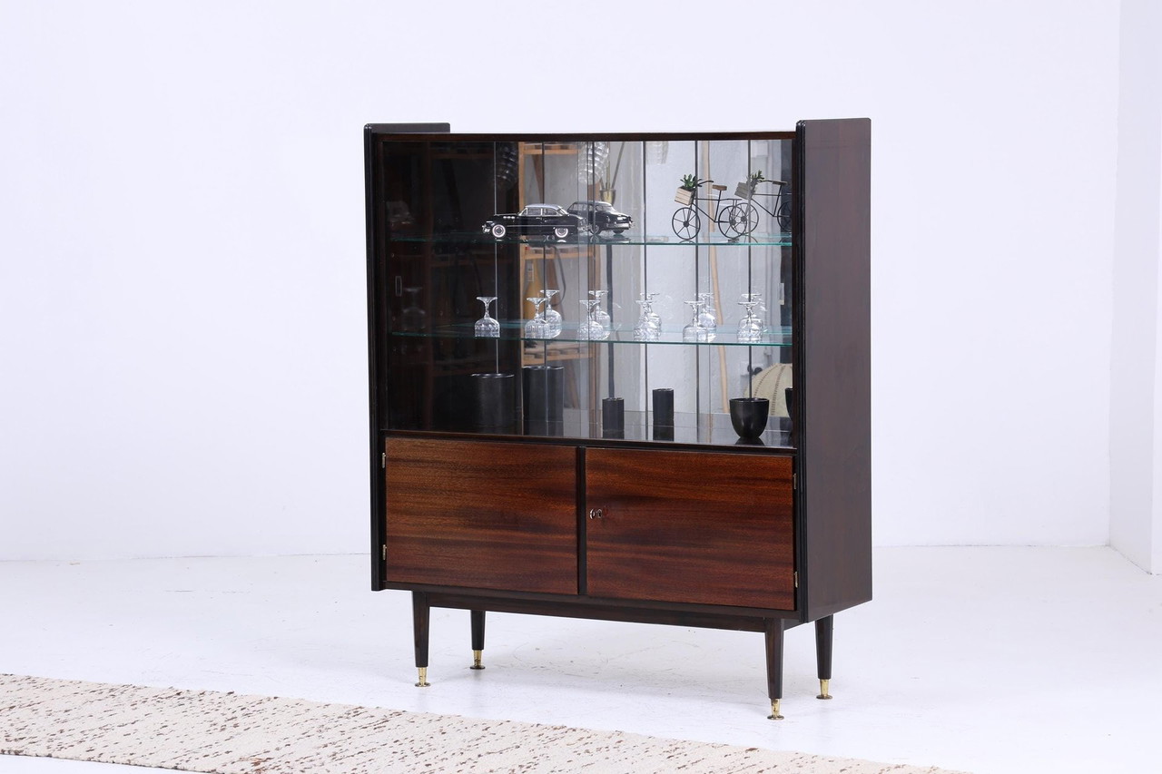 Narrow vintage highboard 60s | Mid - Century glass cabinet Living room ...
