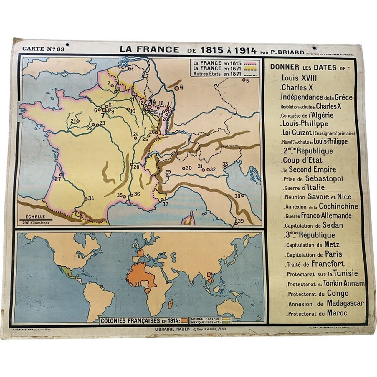 Vintage geographical and historical map “France from 1815 to 1914” by P ...