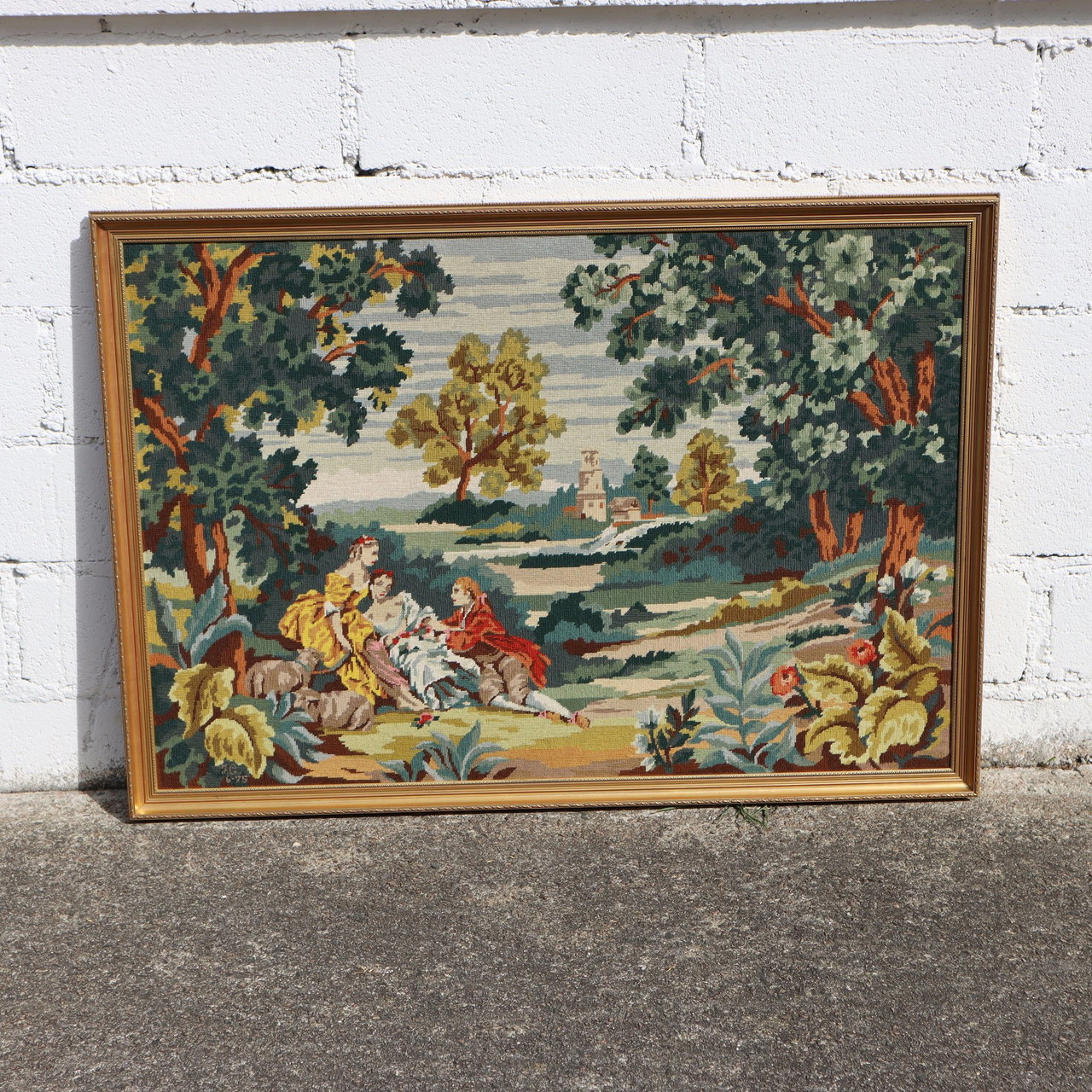 French Vintage Large Drop Needle Tapestry-Large Vintage Framed Artwork ...
