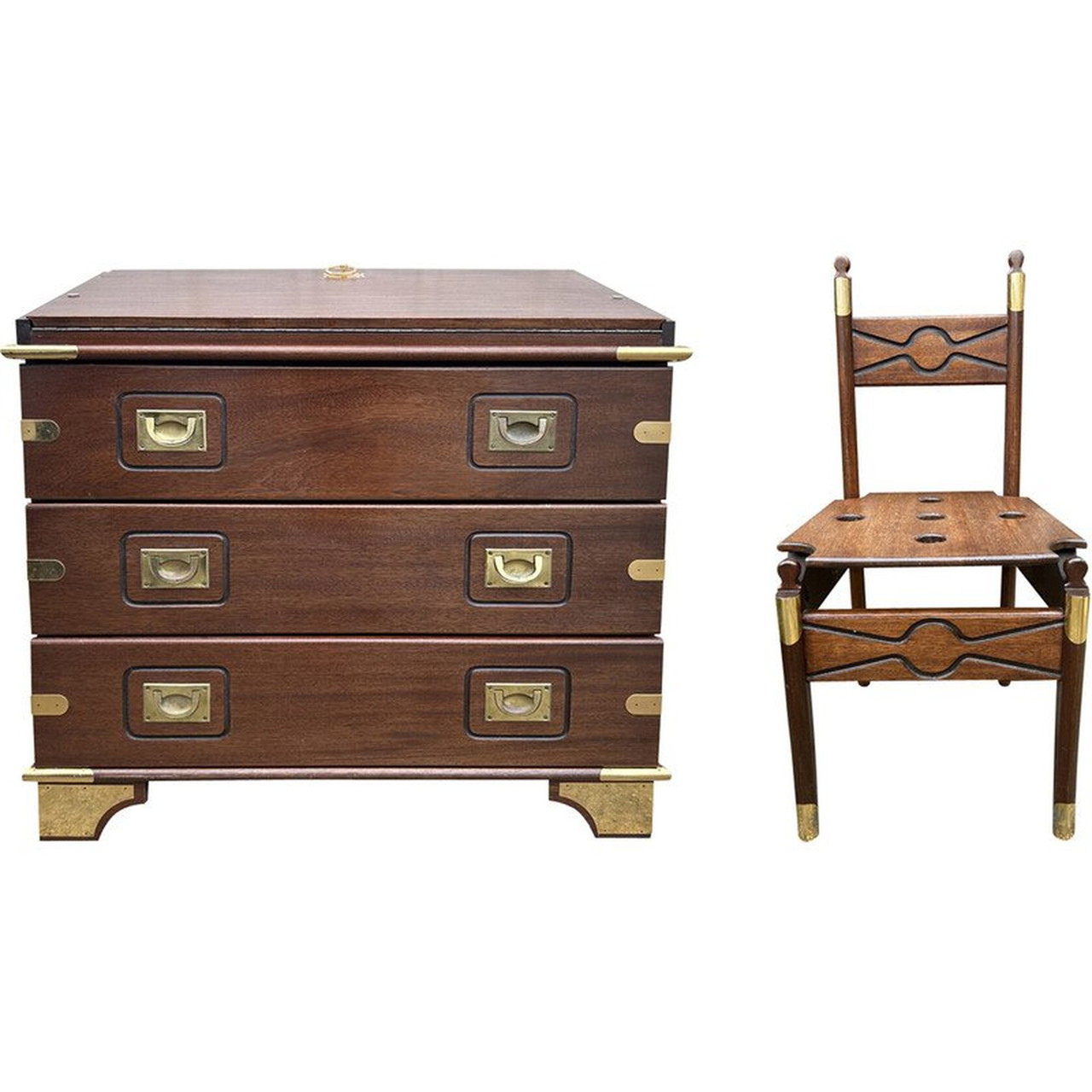 Vintage marine scriban chest of drawers in acacia wood and brass, 1950 ...